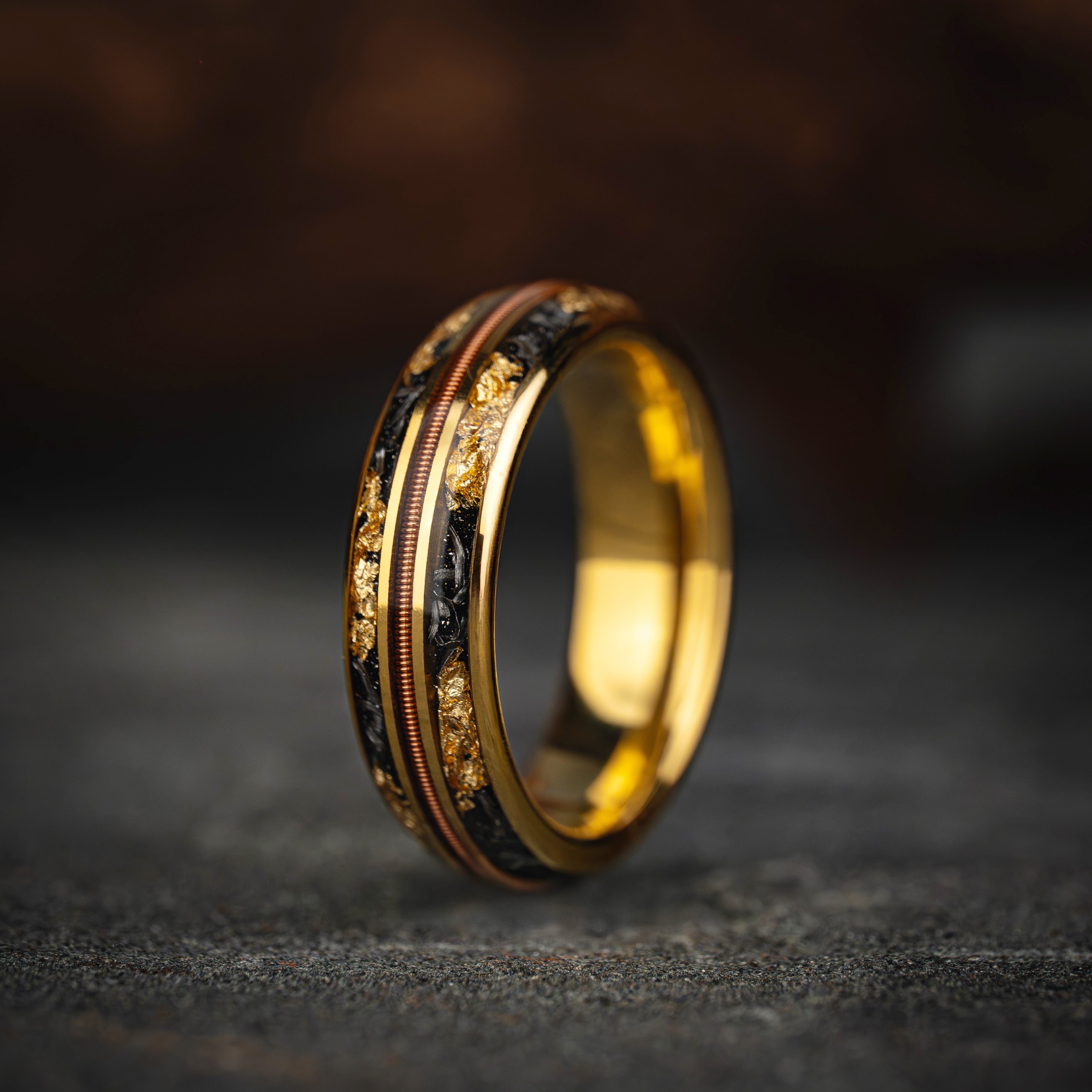 "Gold Queen" Women's Yellow Tungsten Ring with Gold Leaf and Guitar St ...